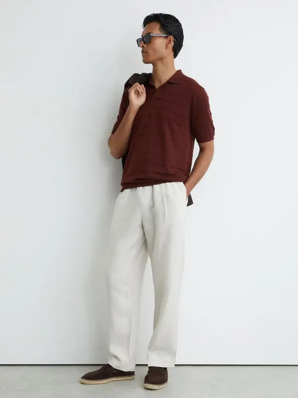 REISS Check-texture Short-sleeve Wool Polo Jumper