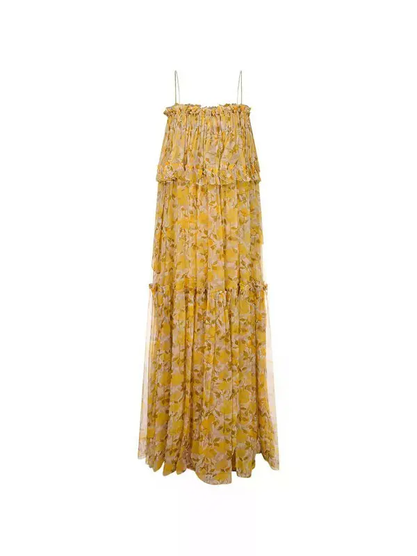 Chloé Rose Print Tiered Dress - Yellow