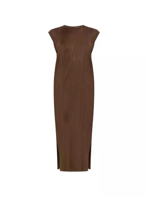 Issey Miyake Solid Pleated Midi Dress - Brown