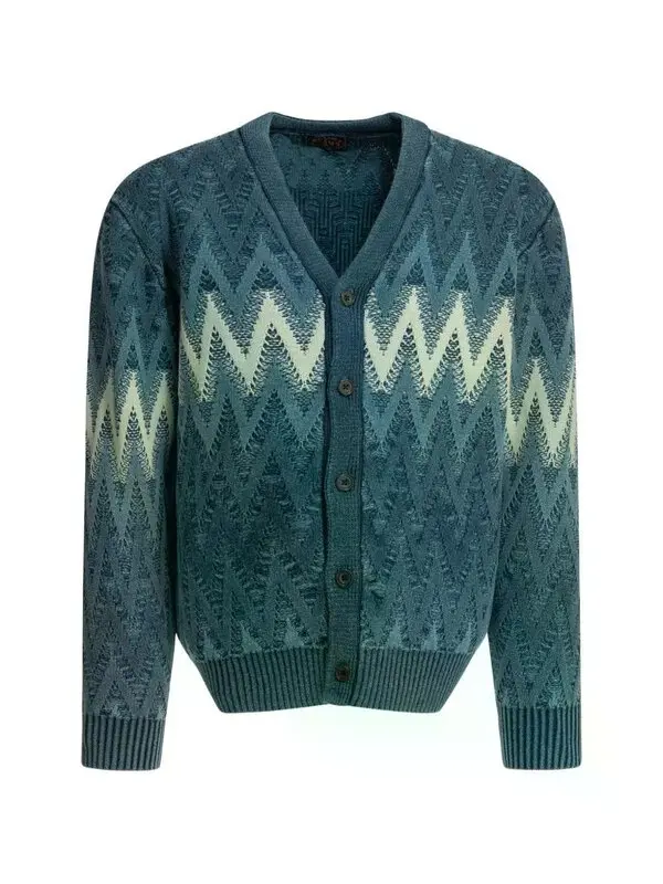 BEAMS Chevron Knit Cotton Cardigan - Blue