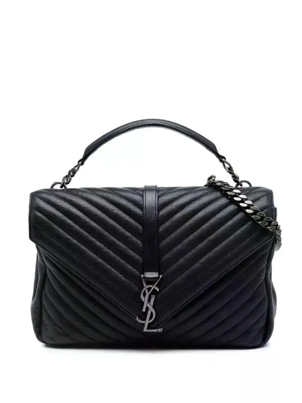 Saint Laurent Large Sheepskin Chevron Monogram College Bag Satchel - Black
