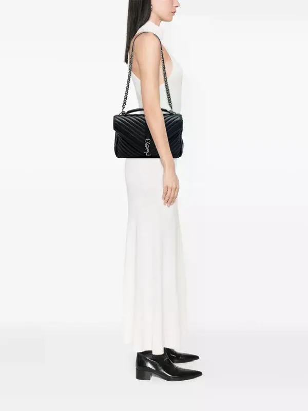 Saint Laurent Large Sheepskin Chevron Monogram College Bag Satchel - Black
