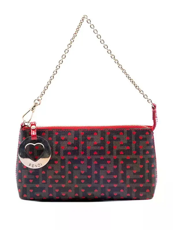 Fendi Zucca Spalmati Hearts Chain Pochette Shoulder Bag - Brown