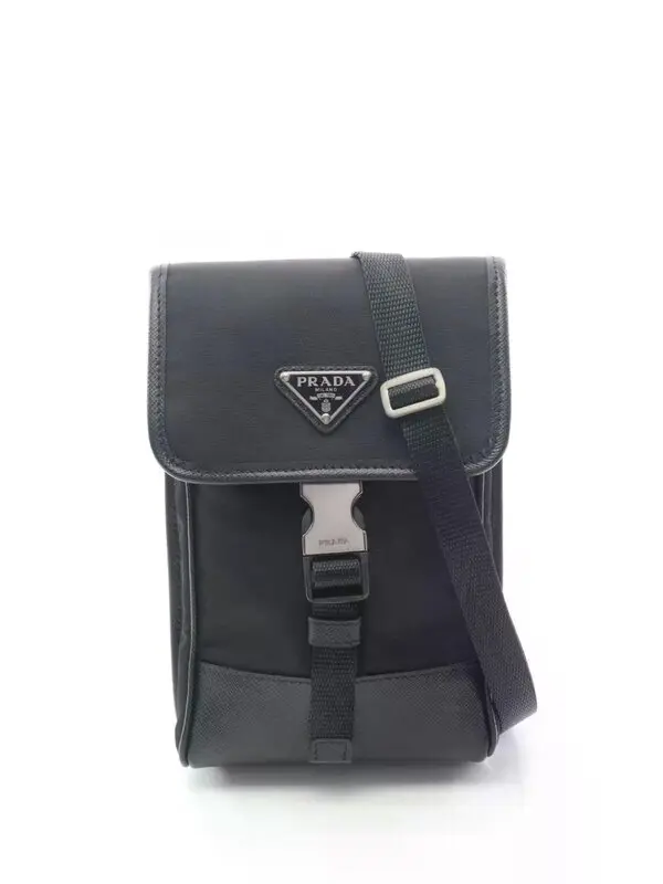 Prada 2013-2026 Saffiano Trimmed Tessuto Phone Holder Crossbody Bag - Black
