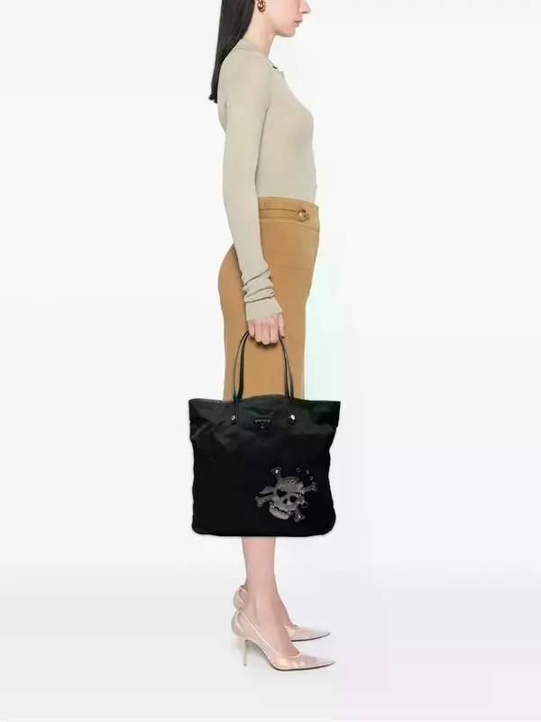 Prada Tessuto Skull Tote Bag - Black