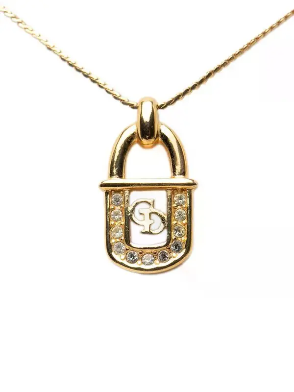 Dior Plated Rhinestone Padlock Pendant Necklace - Gold