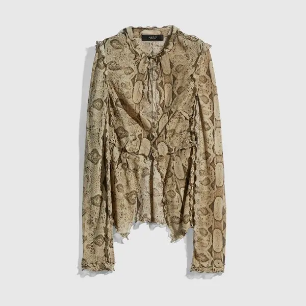 Gucci Allover Python Print Silk Shirt With Frill Trim - Grey
