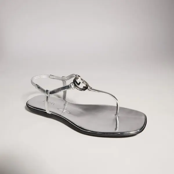 Gucci Interlocking G Metallic Leather Thong Sandal - Silver