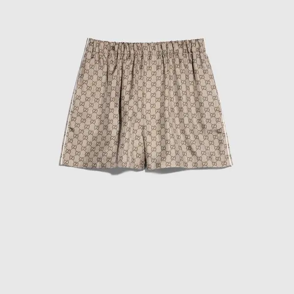 Gucci Allover Gg Print Silk Twill Shorts With Contrast Piping
