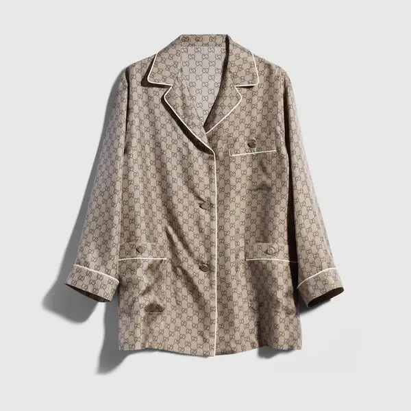 Gucci Allover Gg Print Silk Twill Shirt With Contrast Piping - Beige