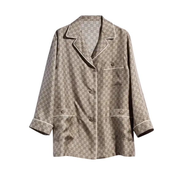 Gucci Allover Gg Print Silk Twill Shirt With Contrast Piping - Beige