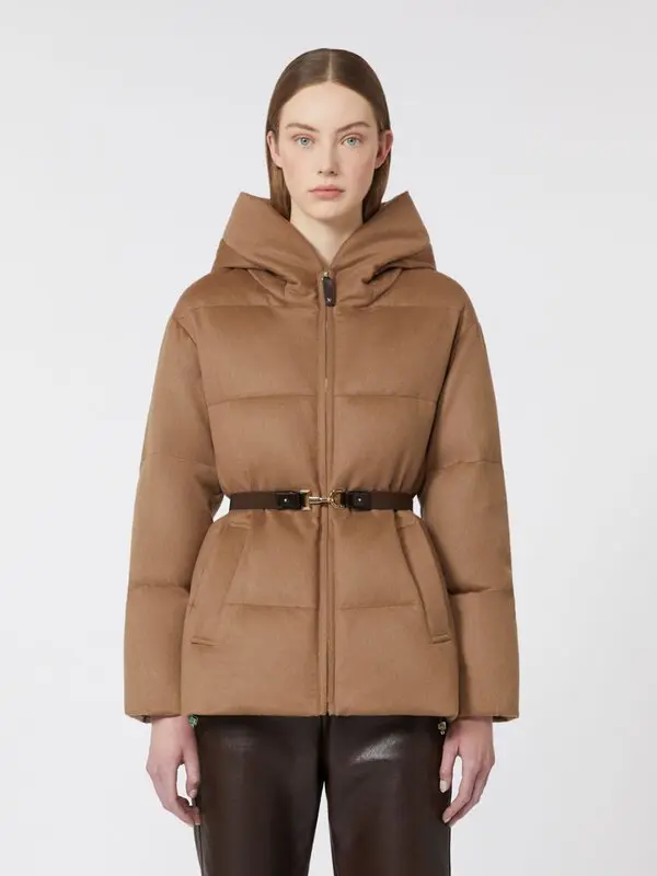 Max Mara Short Water-repellent Down Jacket With Hood And Leather Belt