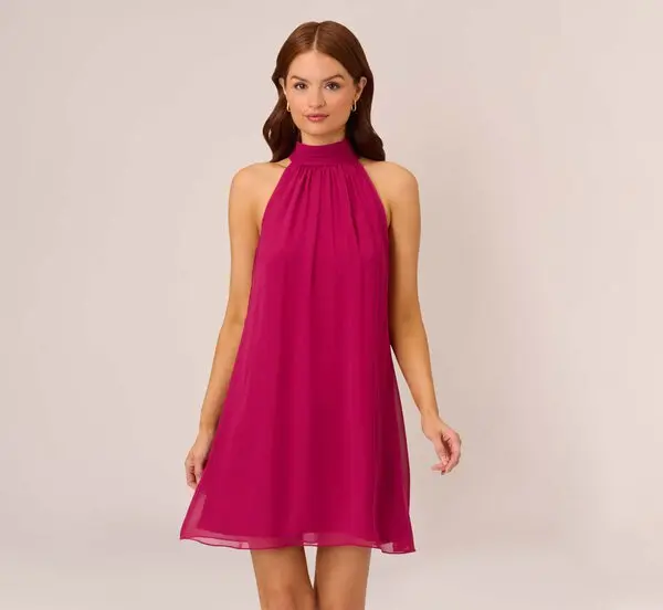 Adrianna Papell Sleeveless Pleated Chiffon Shift Dress With Mock Neckline - Magenta