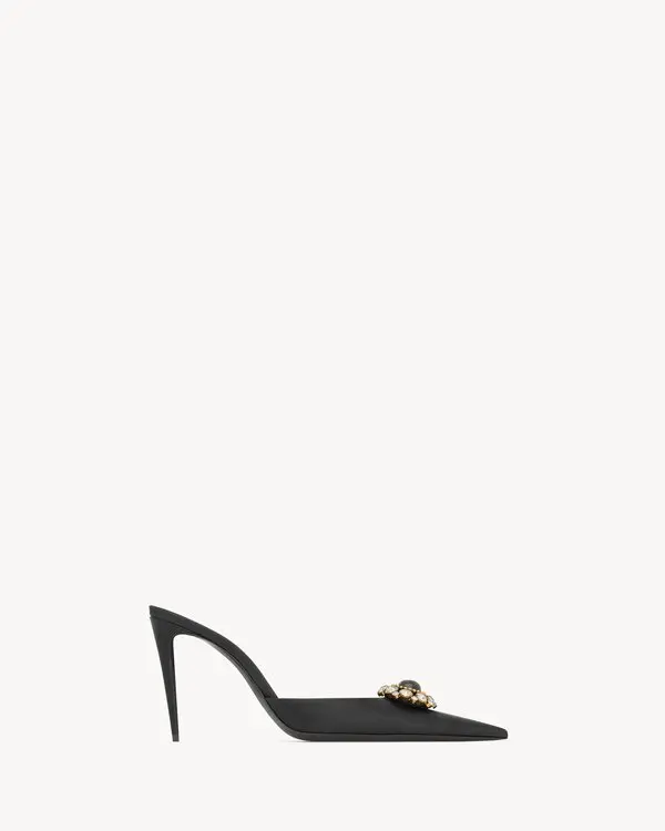 Saint Laurent Cosmo Mules In Satin And Crystals - Black