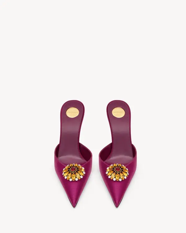 Saint Laurent Cosmo Mules In Satin Crepe And Crystals - Smashed Prune