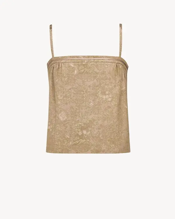 Saint Laurent Spaghetti Strap Shift Top In Metallic Floral Brocade