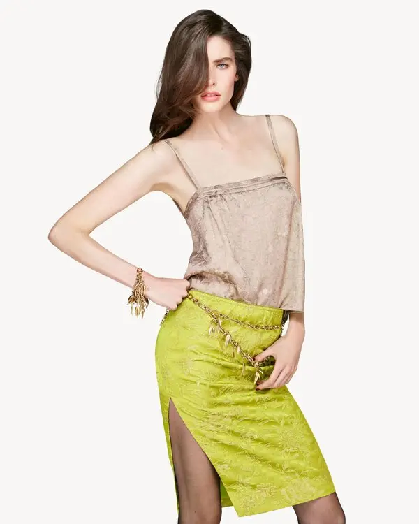 Saint Laurent Spaghetti Strap Shift Top In Metallic Floral Brocade