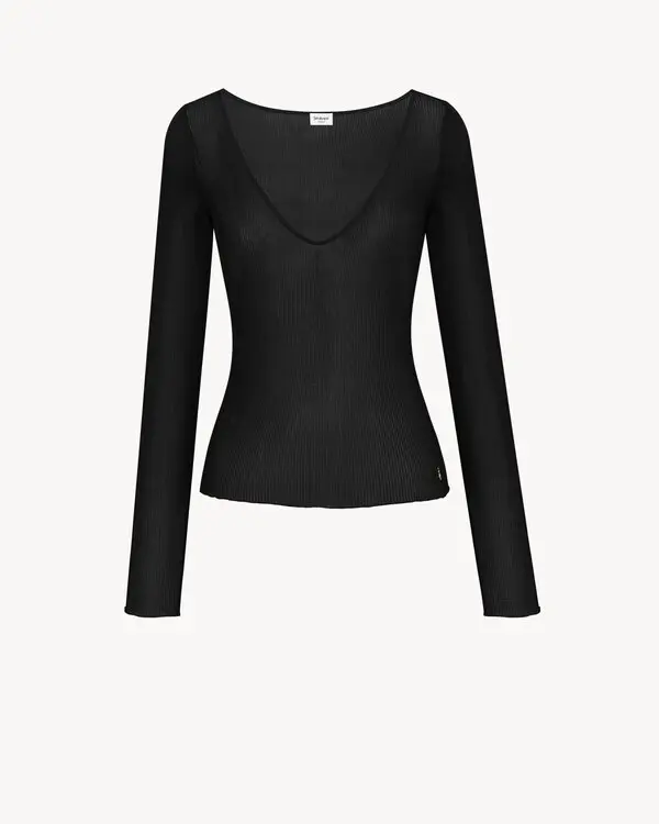Saint Laurent Cassandre V-neck Ribbed Silk Long-sleeve Top