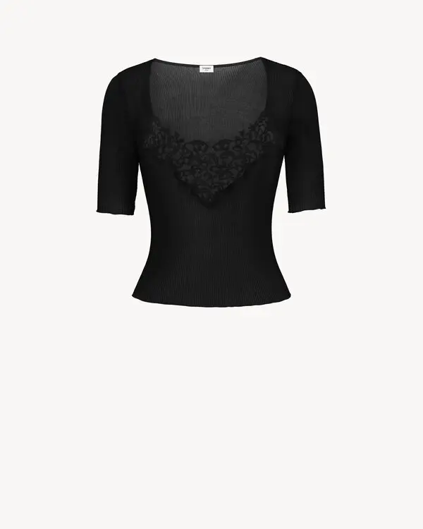 Saint Laurent Ribbed Silk Guipure Top - Noir