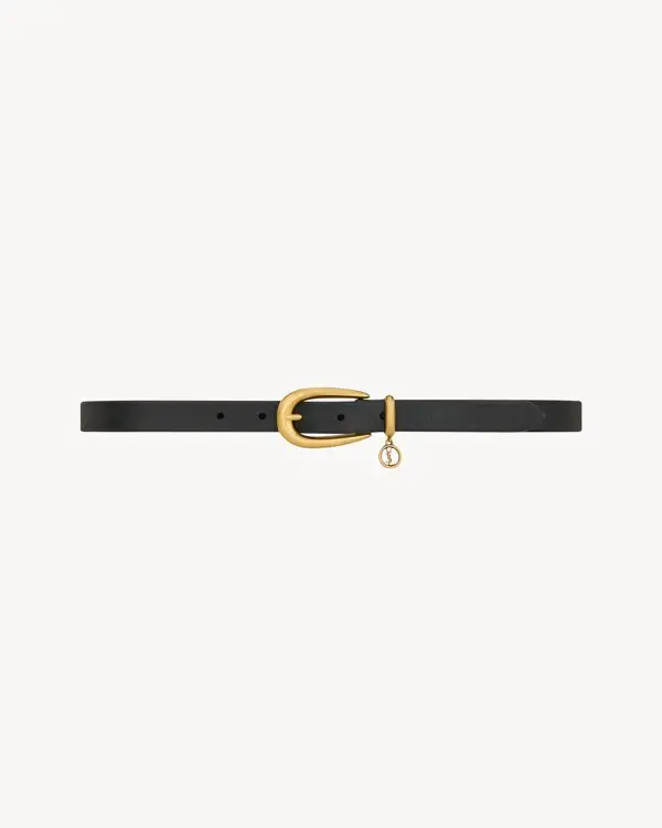 Saint Laurent Cassandre Charm Elongated Buckle Thin Belt In Leather - Black