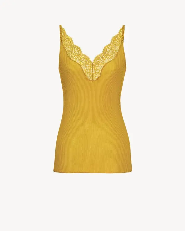 Saint Laurent Ribbed Silk Laced Tank Top - Jaune Safran