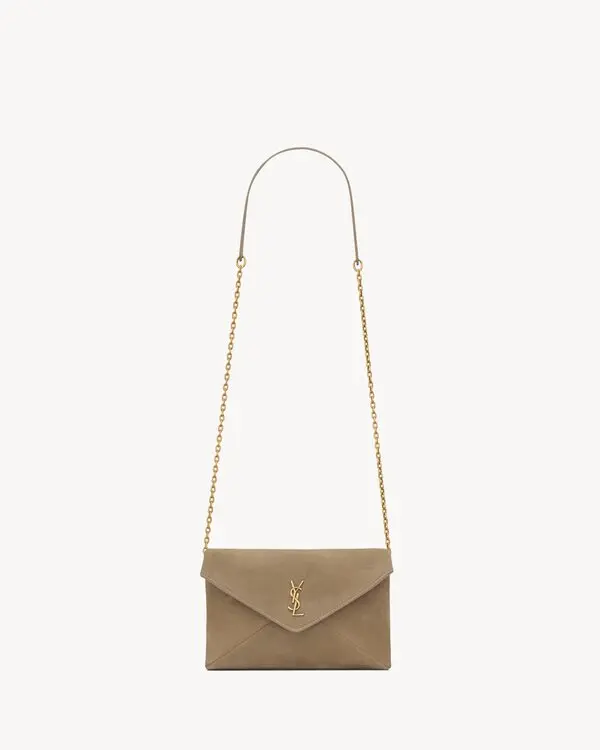 Saint Laurent Cassandre Small Chain Pouch In Suede - Light Cumin
