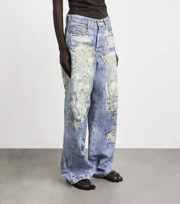 Acne Studios Trompe-l'oeil Wide-leg Jeans With Floral Inserts - Blue
