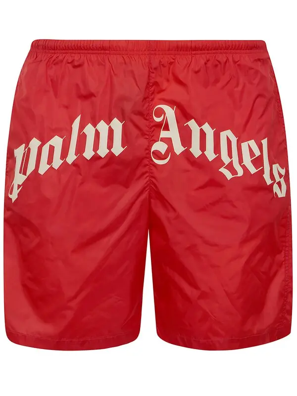 Palm Angels Curved Logo Swim Shorts - Red