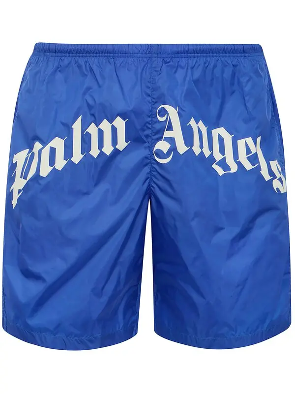 Palm Angels Curved Logo Polyamide Swim Shorts - Blue
