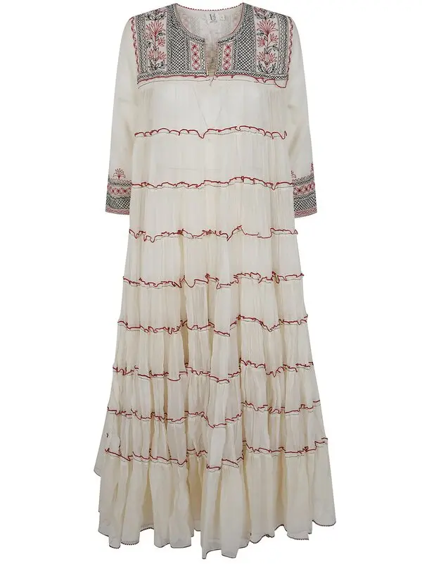 UPAVITA Embroidered V-neck Long Sleeve Cotton Maxi Dress