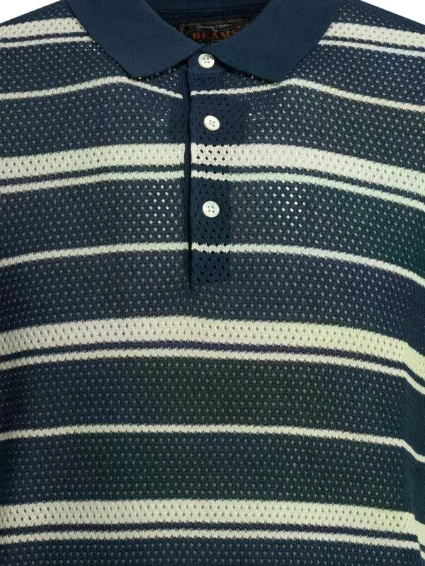 BEAMS Striped Open-knit Polo Shirt