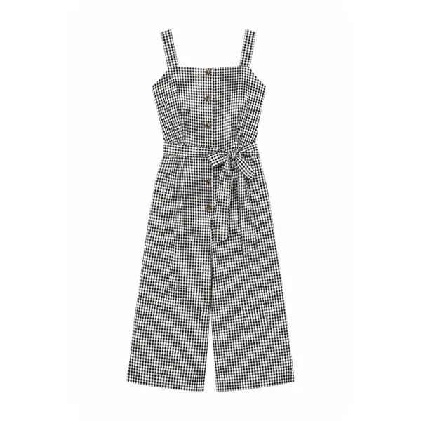 YUMI Gingham Button Through Jumpsuit - Black