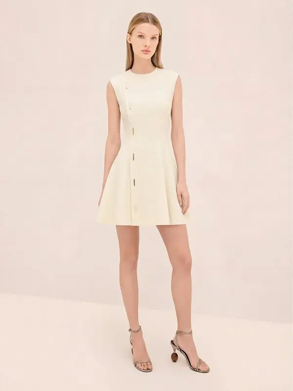Alexis Sephira" Sleeveless Flared Mini Dress With Silver Enclosure Detailing - Off White