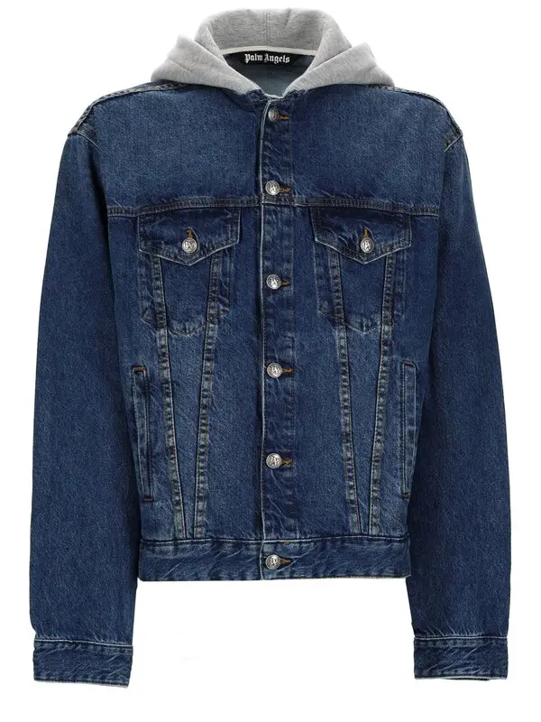Palm Angels Cotton Denim Jacket With Hood - Blue