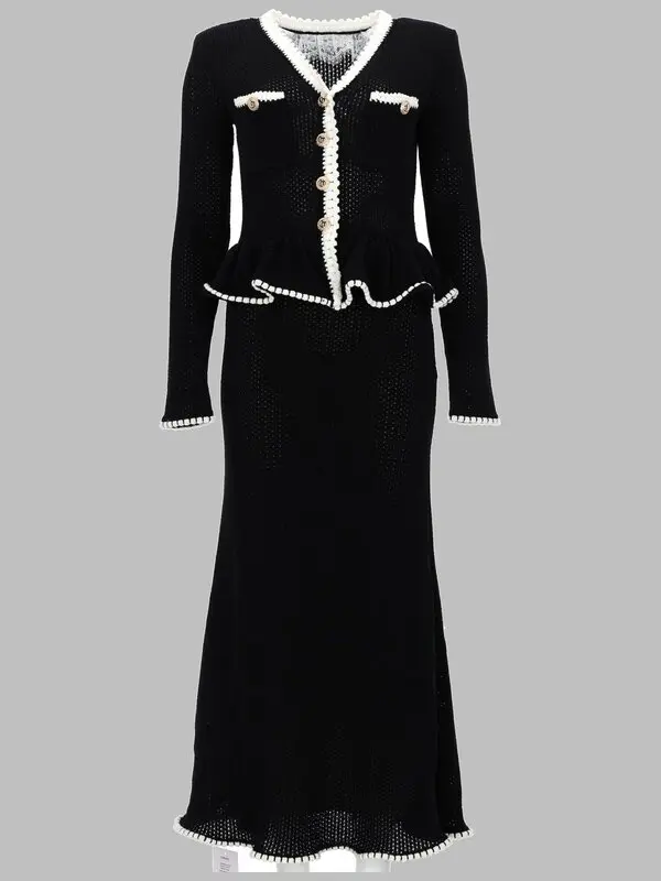 SELF-PORTRAIT Knit Midi Dress With Lace Inserts And Ruffles