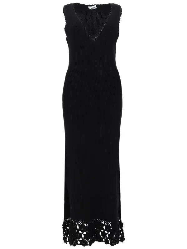 GANNI Maxi Dress With Crochet Trim - Black