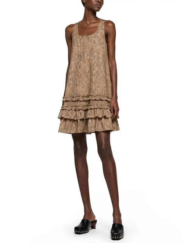 GANNI Printed Cotton Mini Dress With Tiered Ruffles