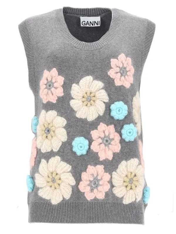 GANNI Floral Appliqué Knit Vest