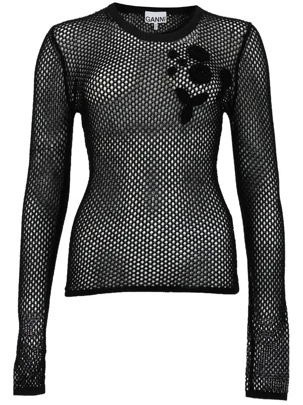 GANNI Mesh Cotton Top With Floral Appliqu