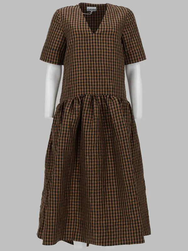 GANNI V-neck Checkered Dress - Brown