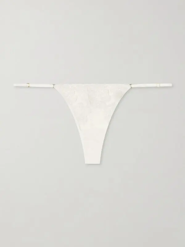 Kiki De Montparnasse Fleurs Veloutes Lace-trimmed Mesh Thong - Neutrals