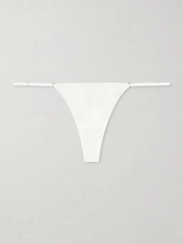 Kiki De Montparnasse Fleurs Veloutes Lace-trimmed Mesh Thong - Neutrals