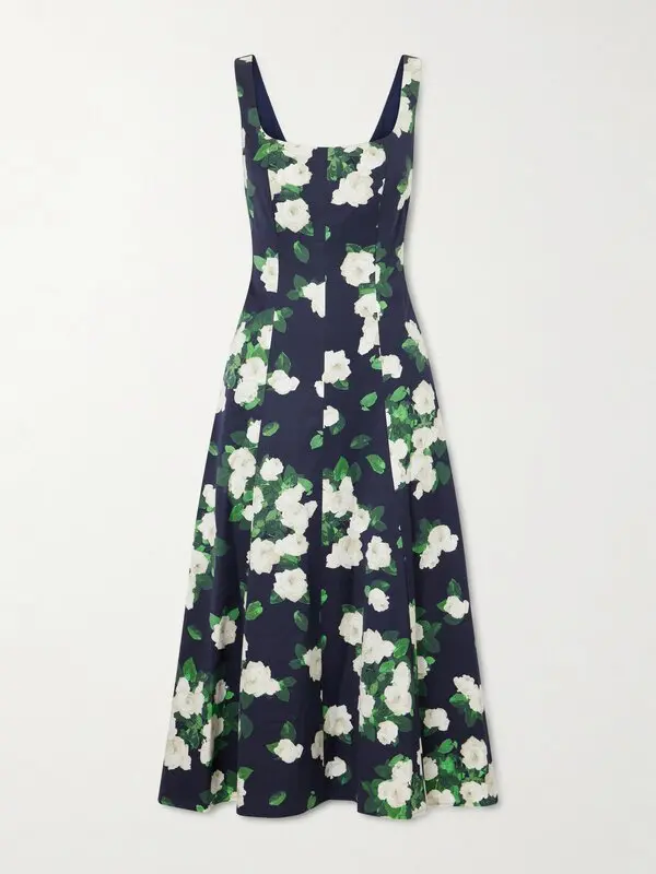 Carolina Herrera Floral Print Faille Midi Dress - Blue