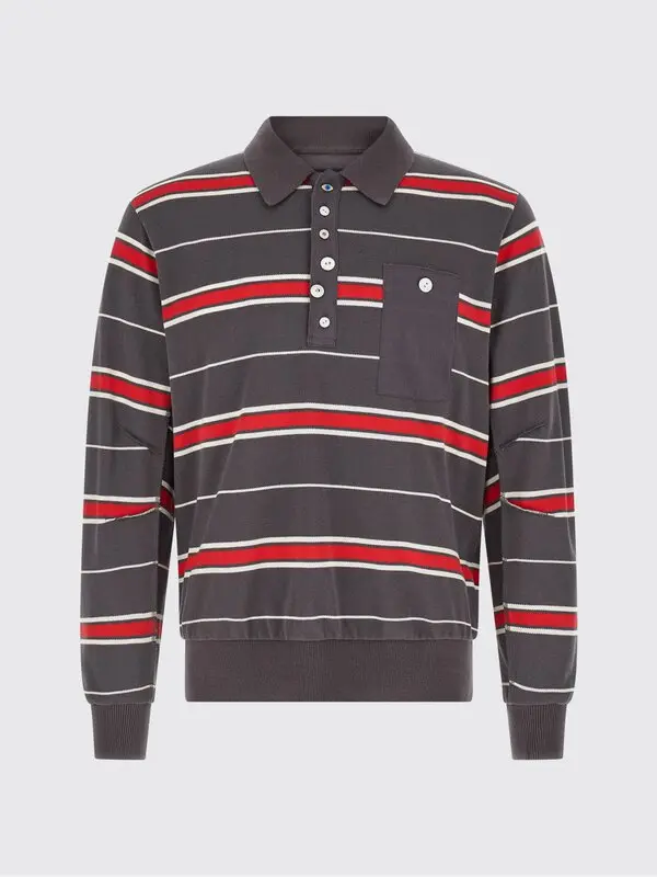 Undercover Striped Long-sleeved Cotton Polo Shirt With Ribbed Collar - Grey