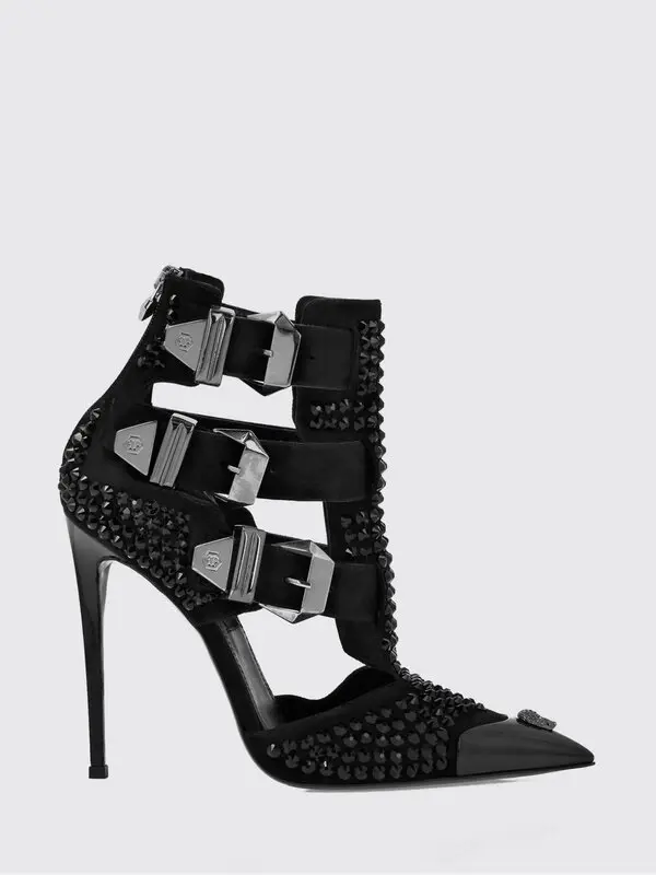 Philipp Plein Suede Pumps With Rhinestones And -tone Metal Toe - Black