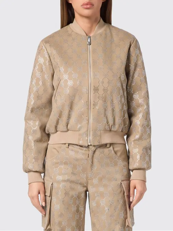 Philipp Plein Monogram Rhinestone Bomber Jacket - Beige