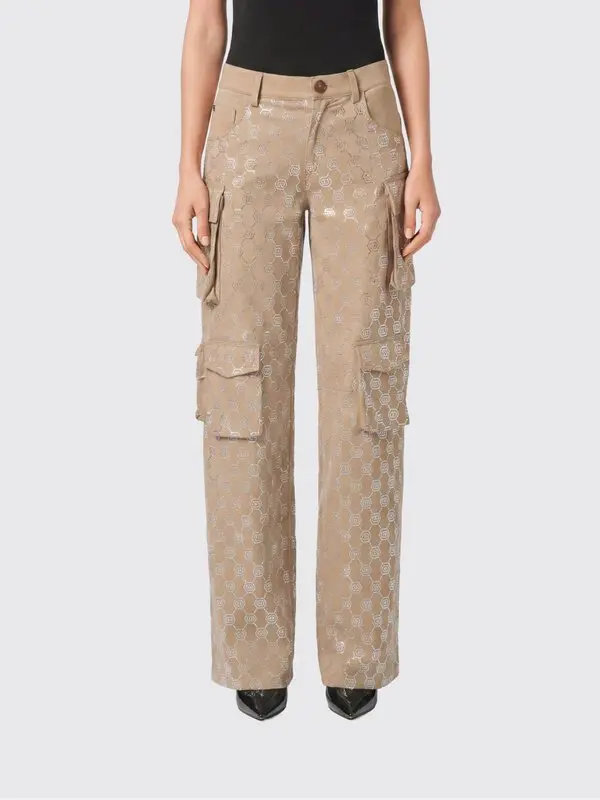 Philipp Plein Cotton Cargo Trousers With Monogram Rhinestone Embellishment - Beige