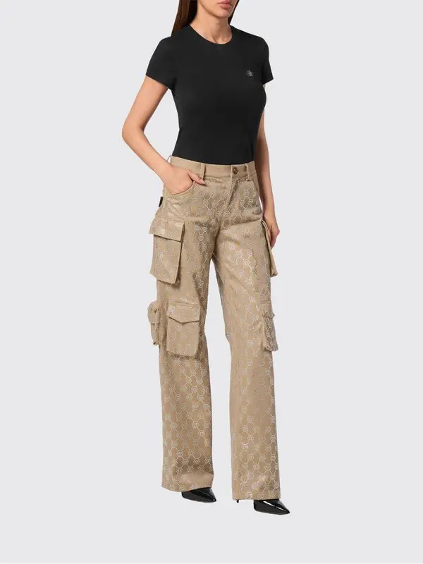 Philipp Plein Cotton Cargo Trousers With Monogram Rhinestone Embellishment
