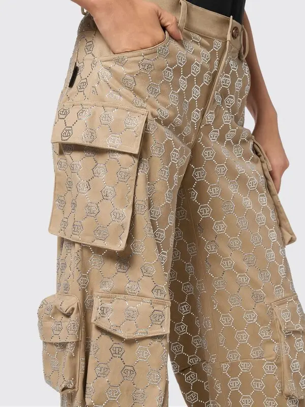 Philipp Plein Cotton Cargo Trousers With Monogram Rhinestone Embellishment