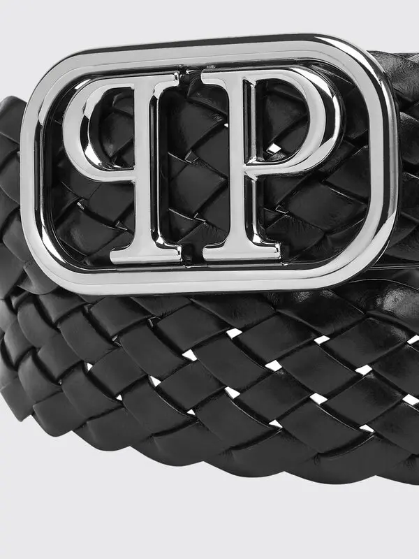 Philipp Plein Woven Leather Belt With Gold Tone Logo Buckle - Black